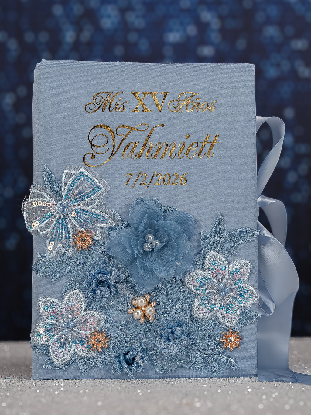 Slate Blue Gold Quinceanera Bible English Version / quinceanera-decor