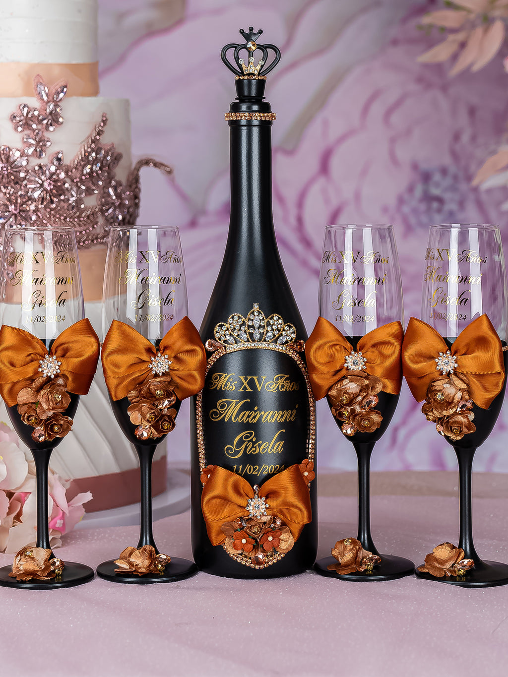 Black burnt orange Quinceanera Bottle with 4 Glasses | Quince Copas y ...
