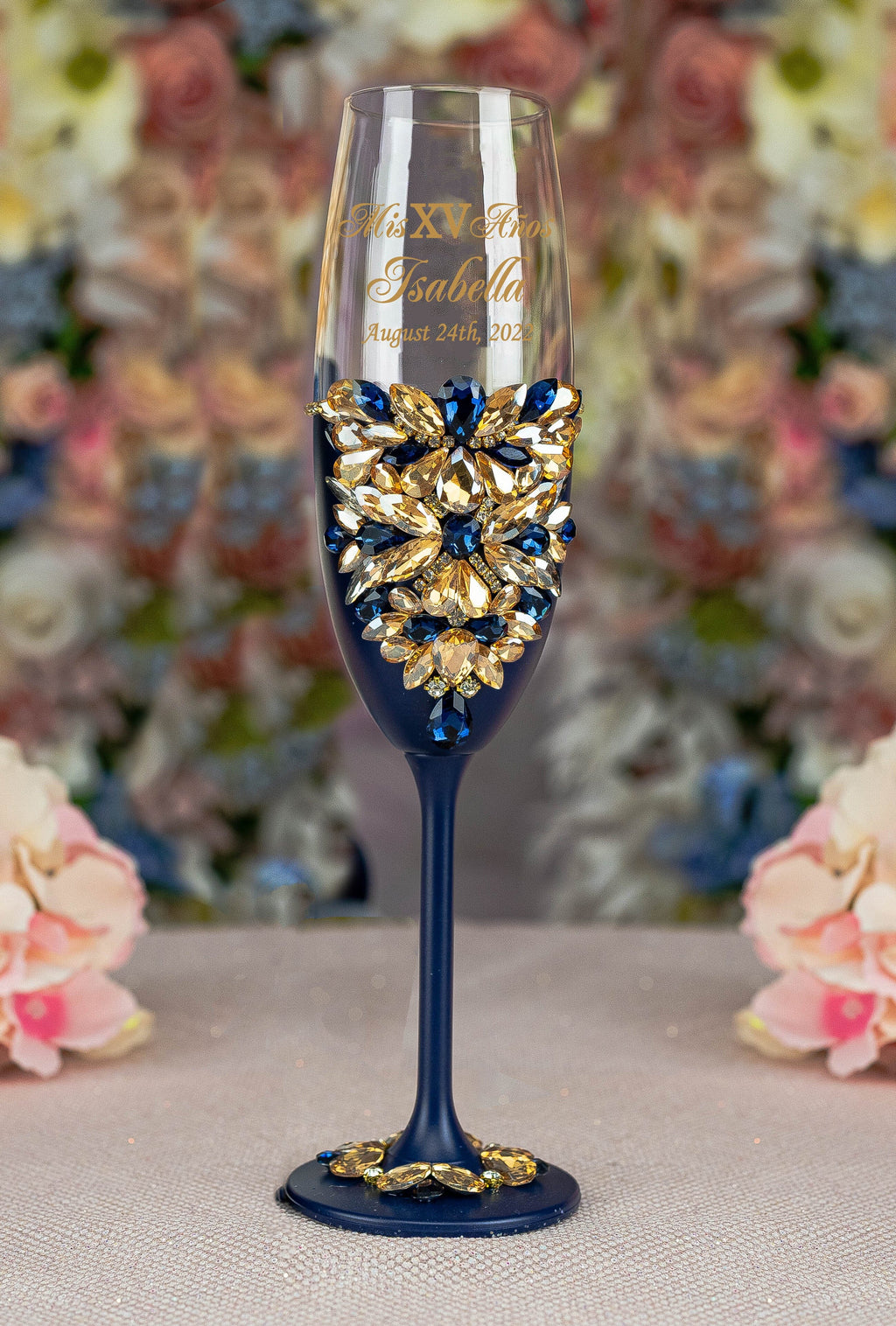 Navy blue with gold 1 quinceanera champagne glass / quinceanera-decor