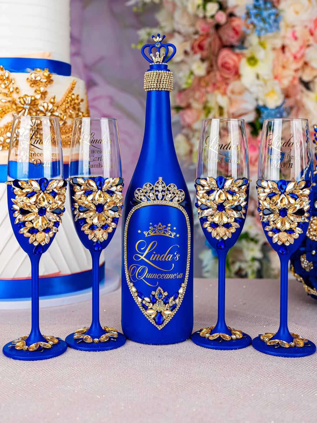 Botella de quinceañera azul real con 4 copas / quinceanera-decor