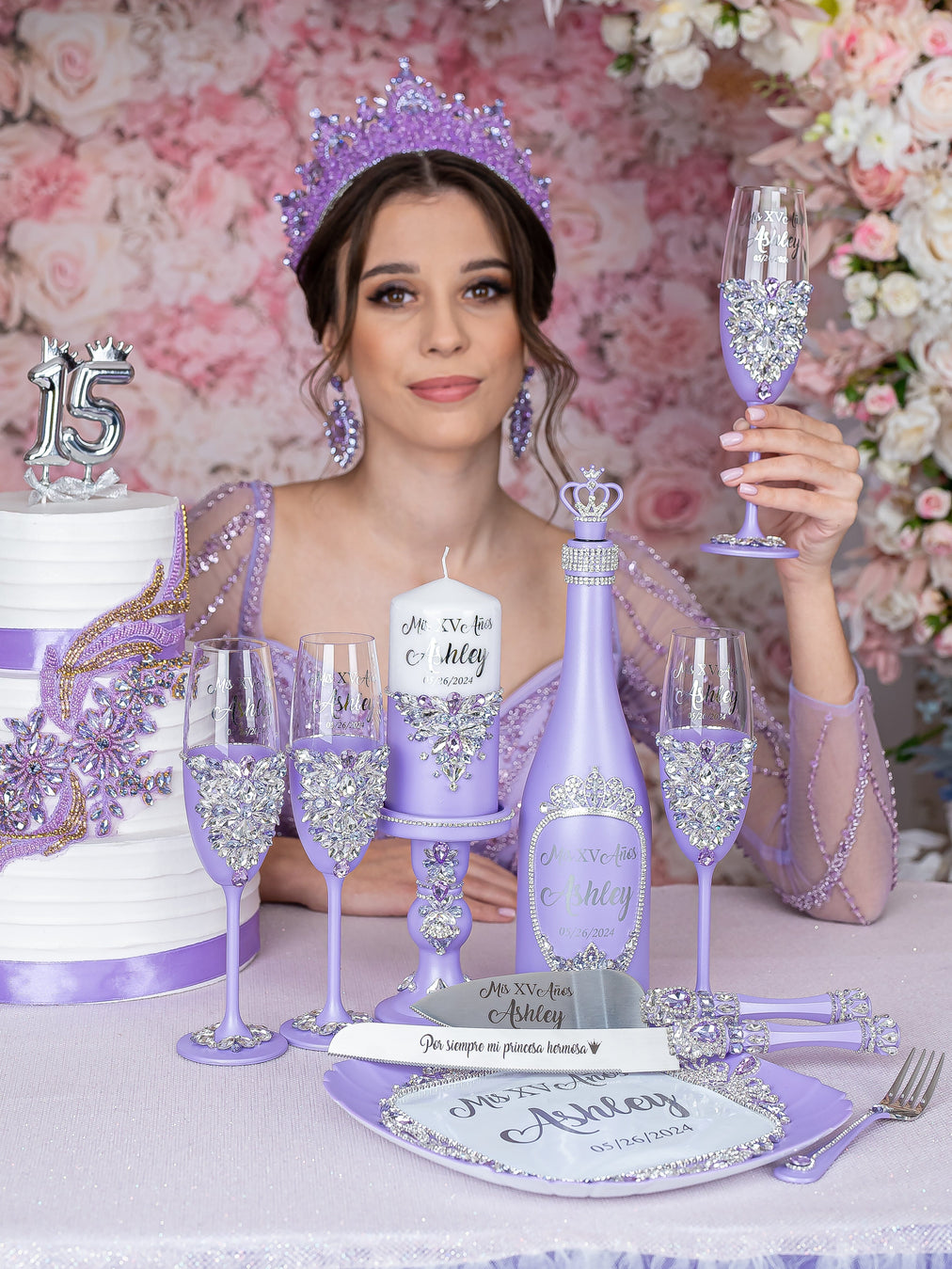 Lilac quinceanera package of bottle, glass and candle / quinceanera-decor