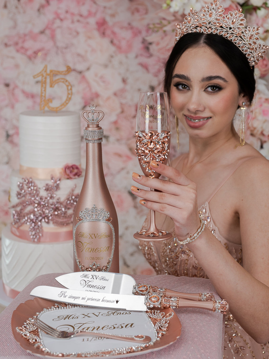 Rose Gold quinceanera brindis package with bottle - Quince Toasting ...