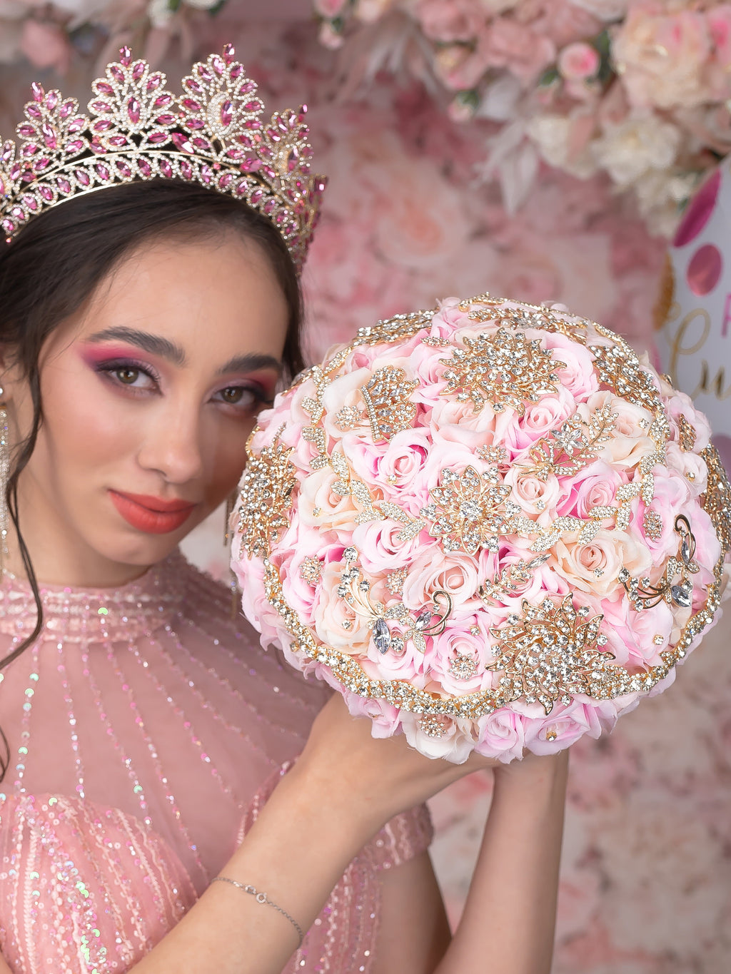 Pink and Gold quinceanera bouquet | Blush Pink Quince Ramo ...