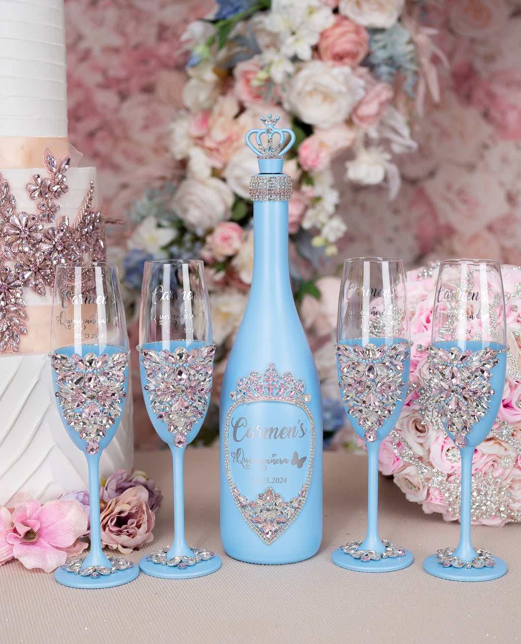 Light Blue with Pink Quinceanera Bottle with 4 Glasses | Quince Copas y ...