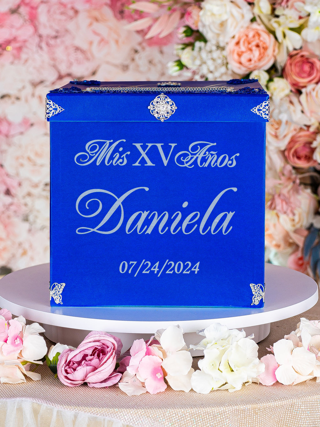 Royal blue silver quinceanera money card box | Royal blue envelope box ...
