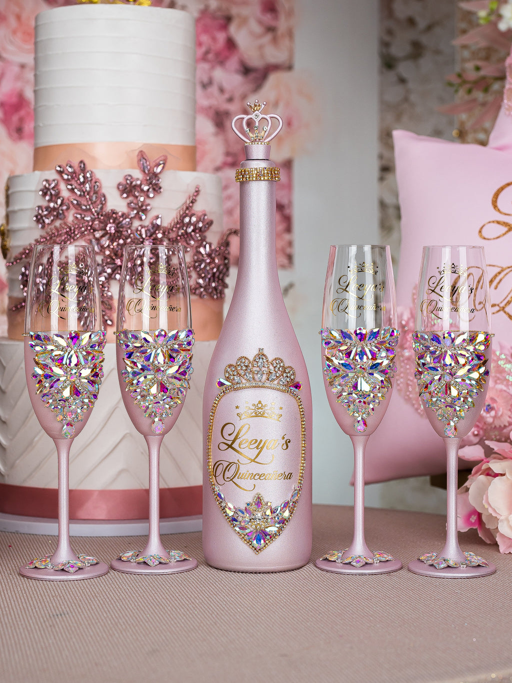 Pink Iridescent quinceanera bottle with 4 glasses | Blush Pink Copas ...