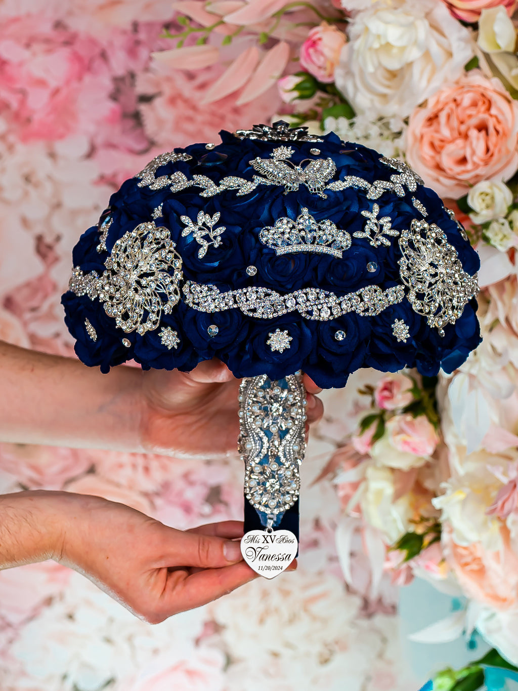 Navy Blue with silver quinceanera bouquet | Navy Blue Quince Ramo ...