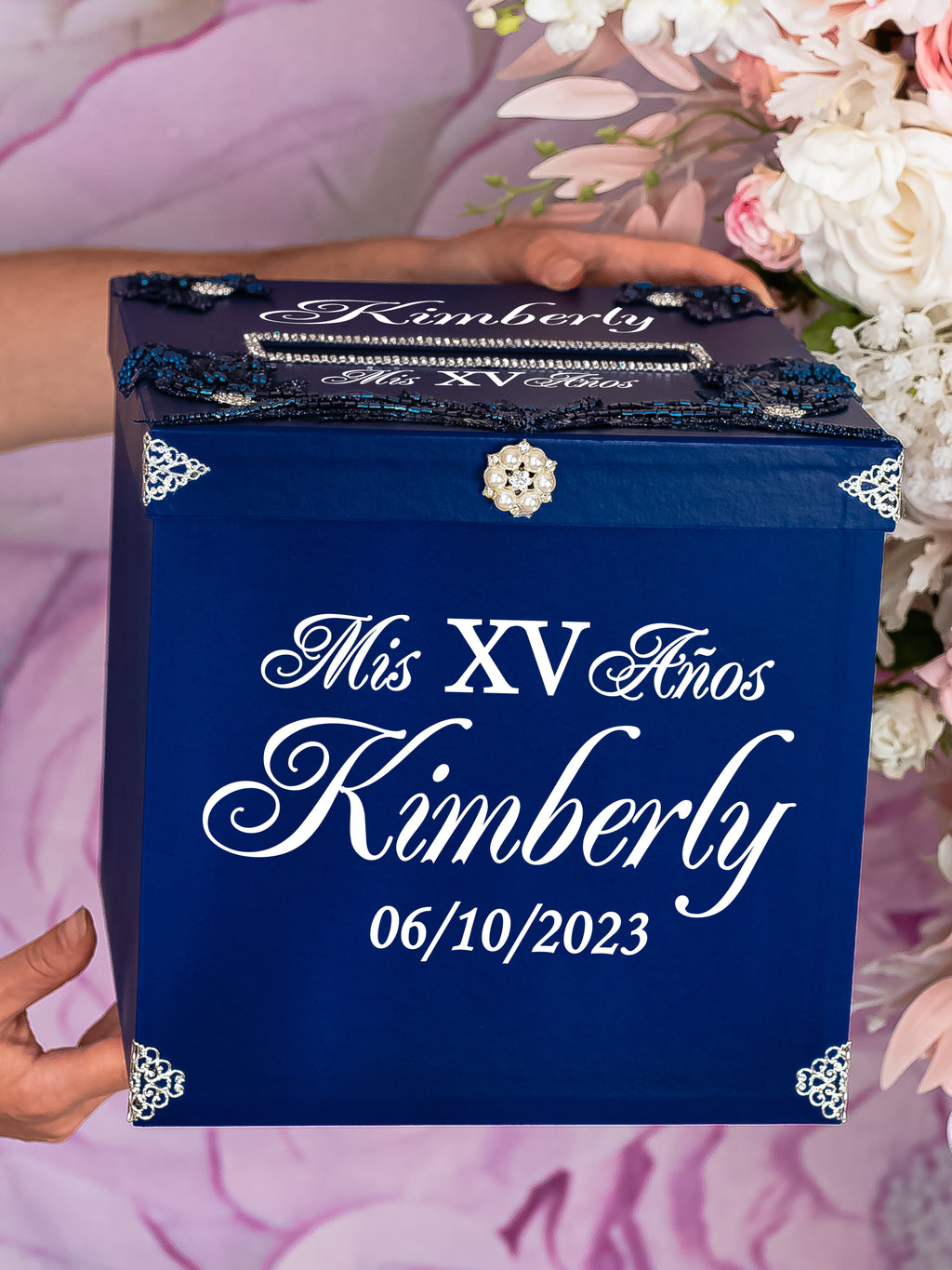 Navy Blue with silver Quinceanera Money Card Box / quinceanera-decor