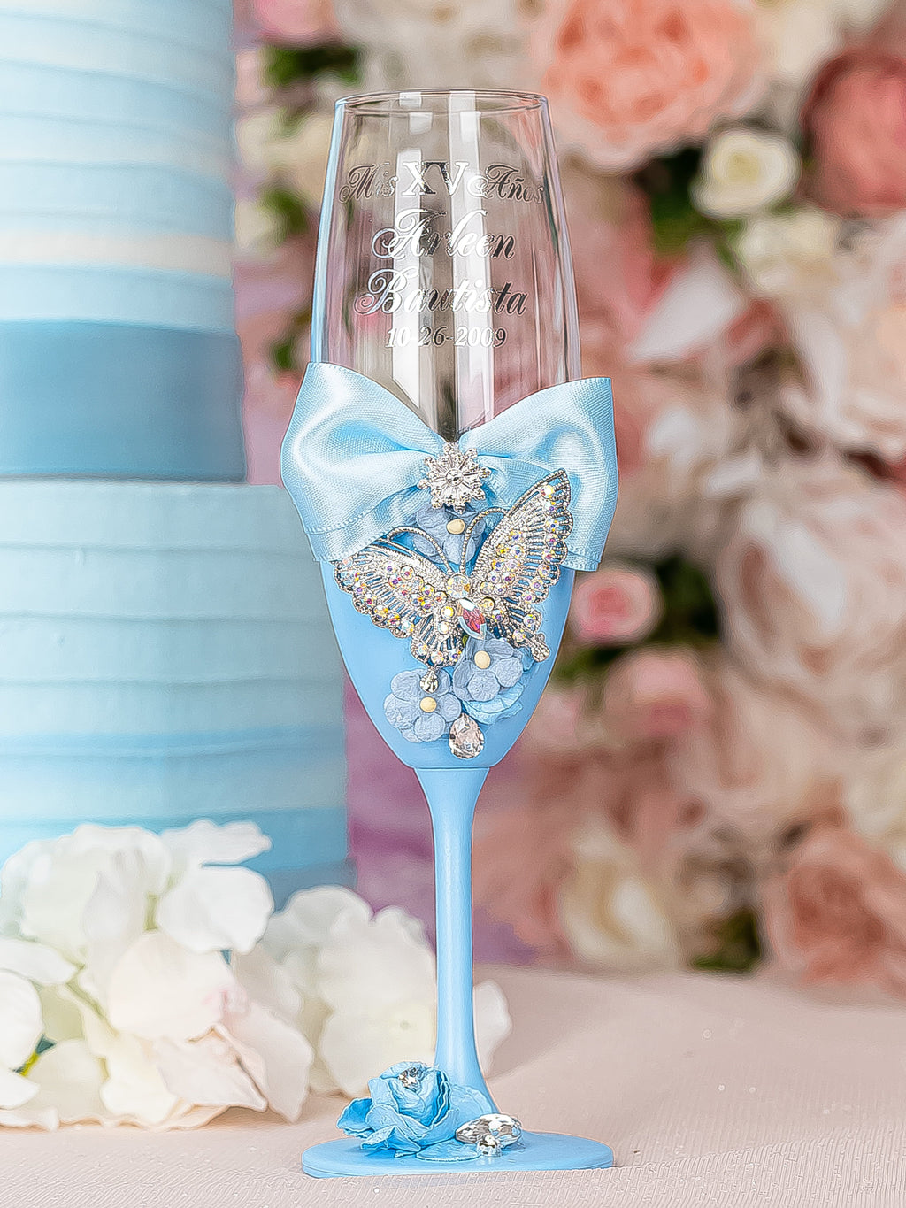 Azul claro con mariposas 1 copa de champán para quinceañera ...