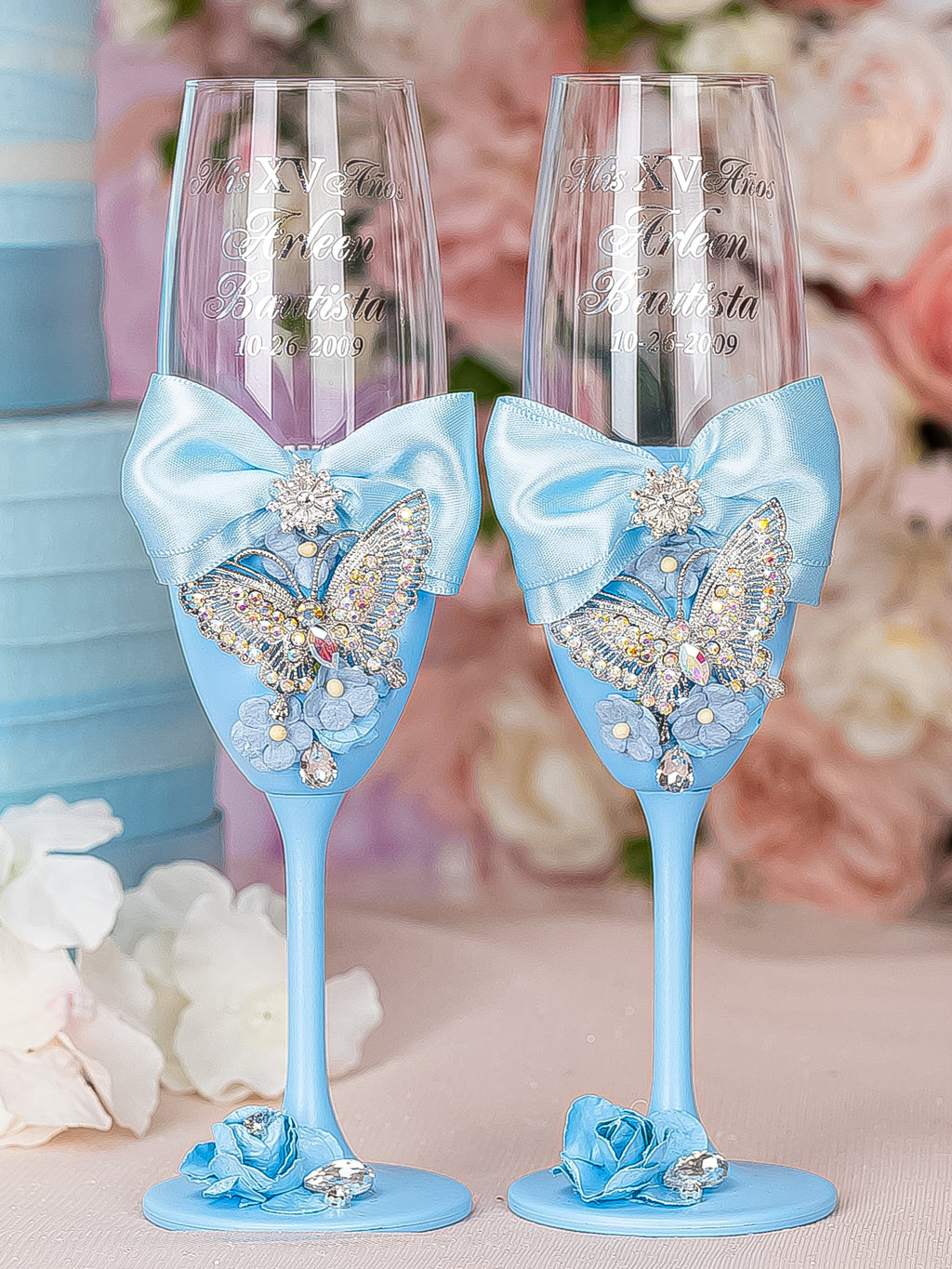Azul claro con mariposas 2 copas de champán para quinceañera ...
