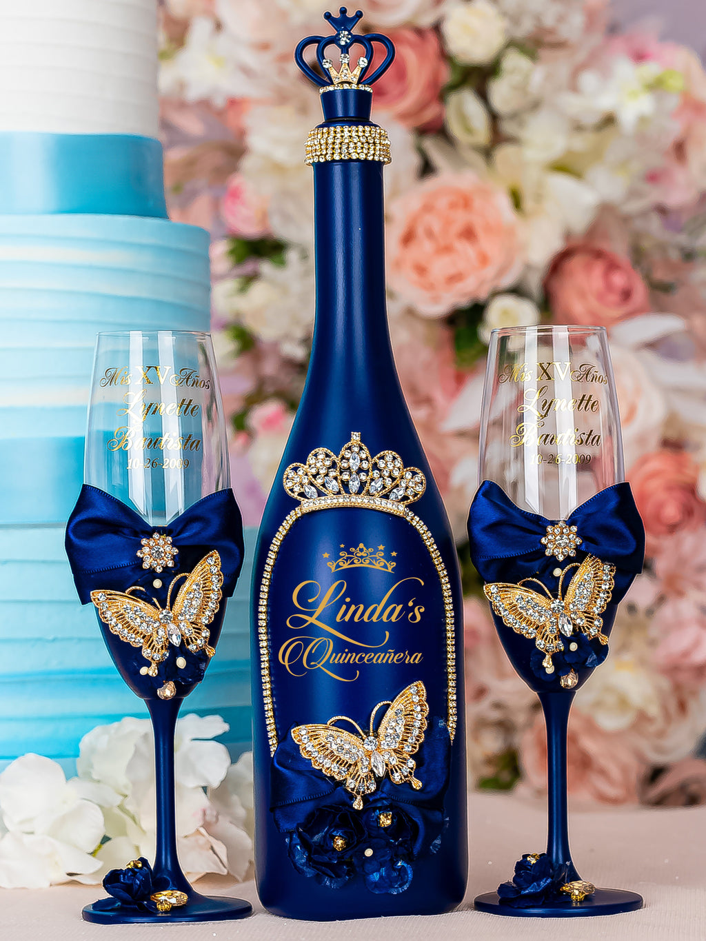 Botella de quinceañera azul marino con mariposas con 2 copas ...