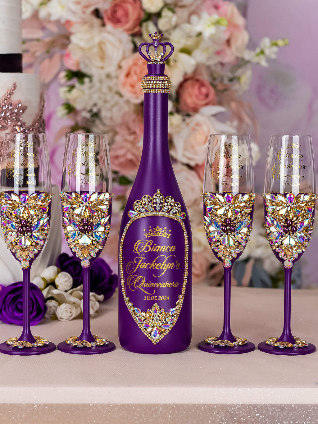 Plum Quinceanera Bottle with 4 Glasses | Quince Copas y Botella ...