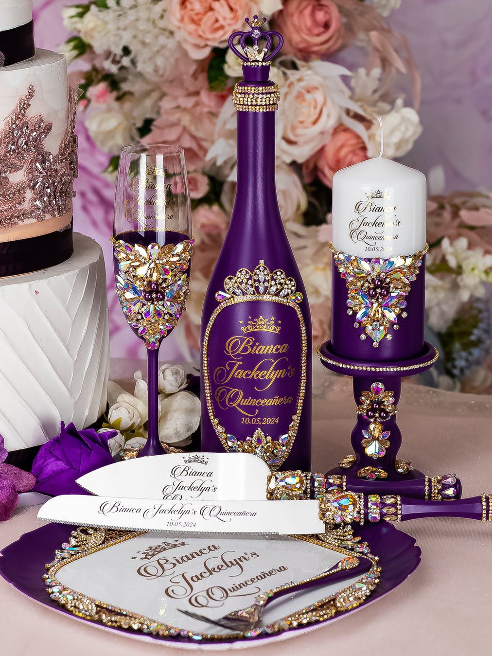 Plum Quinceanera Package of Bottle, Glass and Candle / quinceanera-decor