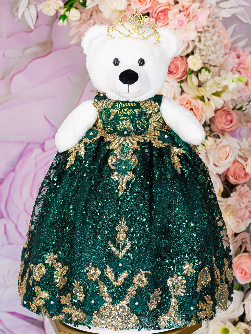 Emerald green with gold last teddy bear for quinceanera | Quince Green ...