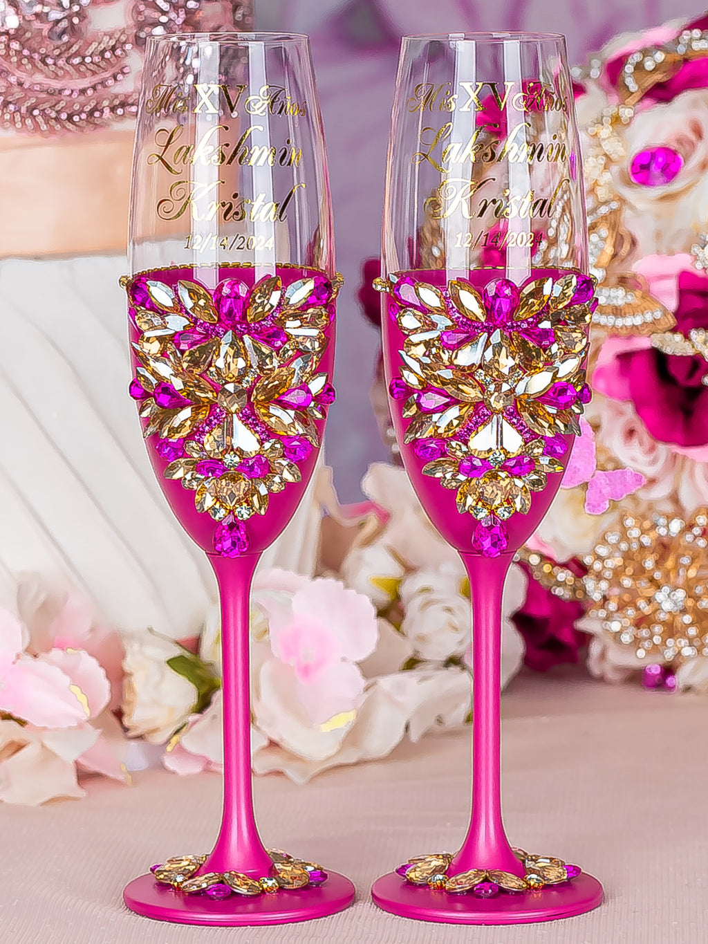 Fuchsia 2 quinceanera champagne glasses | quinceanera toast glasses ...