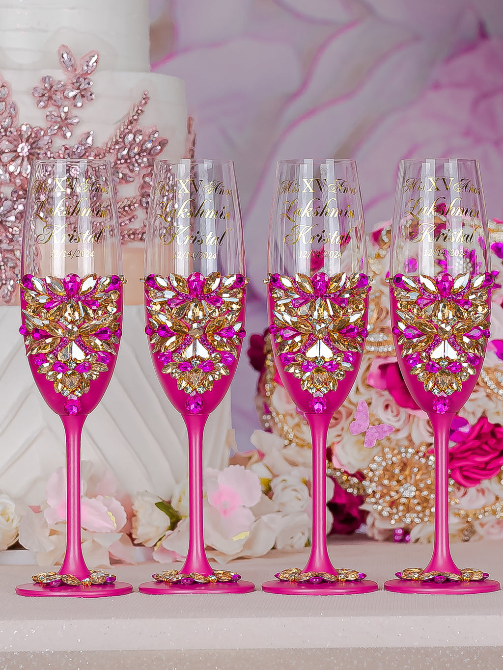 Fuchsia 4 quinceanera champagne glasses | Fuchsia Quince Copas ...