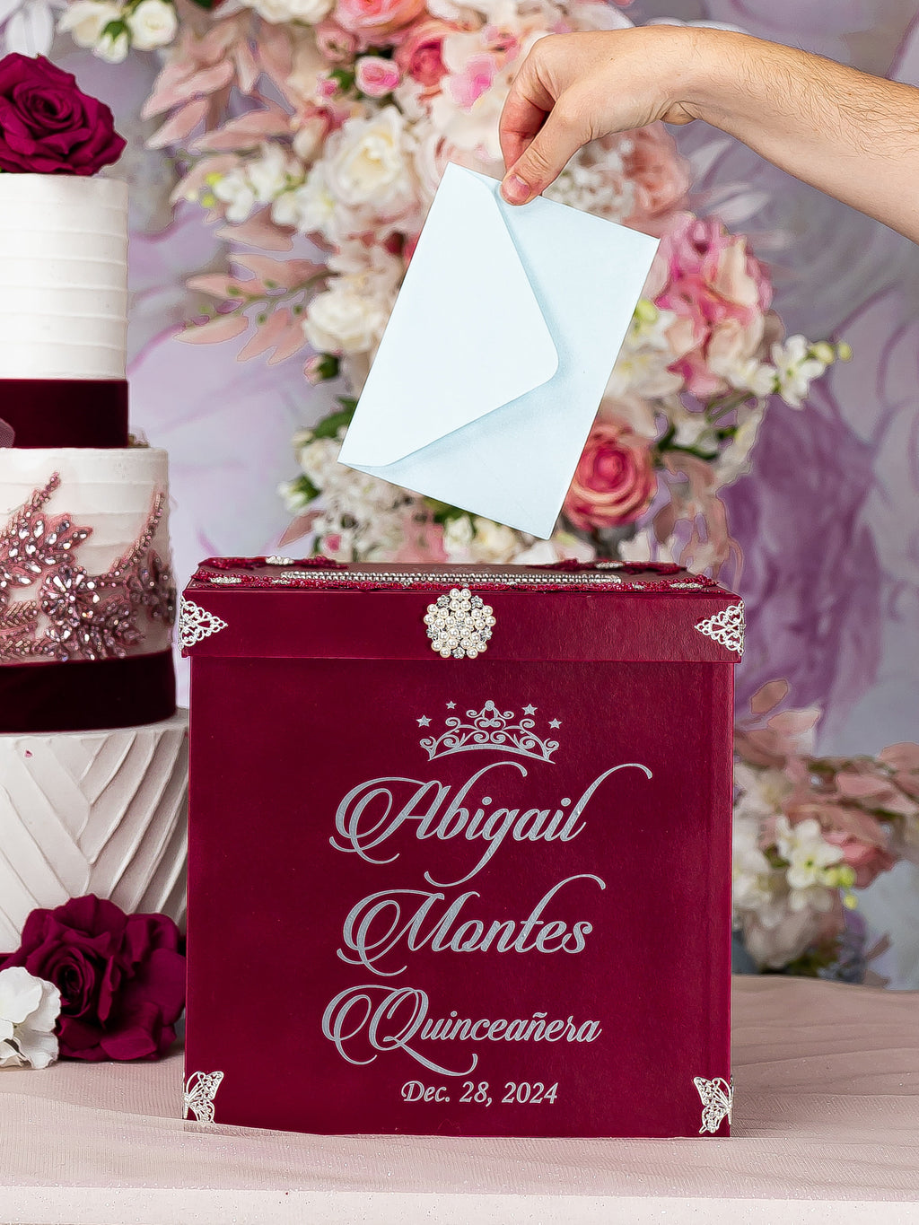 Burgundy silver Quinceanera Money Card Box | Maroon Quince Card Boxes ...