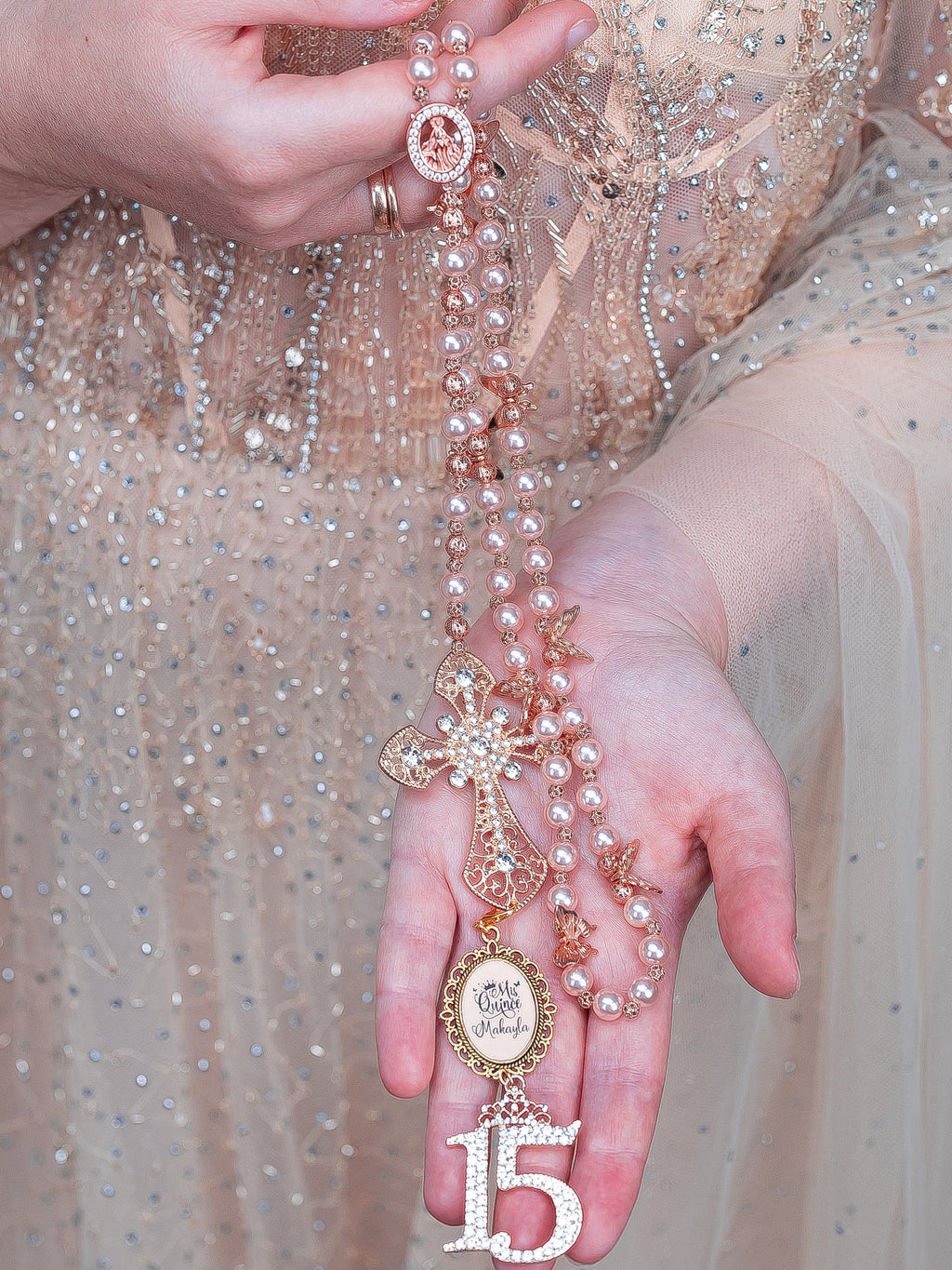 Rose Gold Quinceanera Rosary | Mis Quince Rosario | Oro Rosa Cross ...