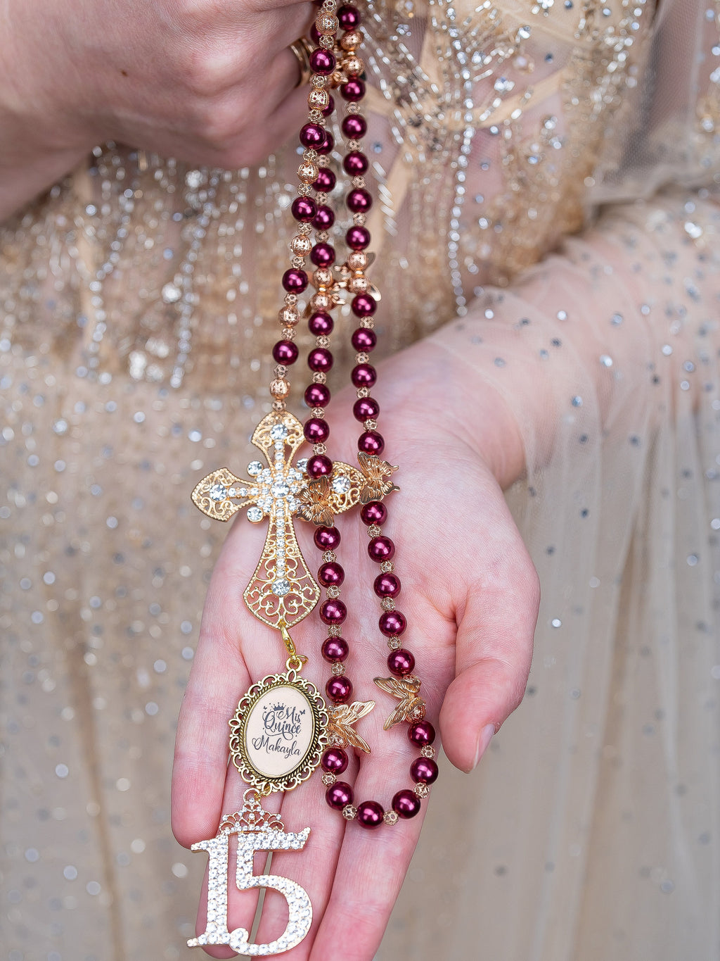Burgundy Quinceanera Rosary | Mis Quince Rosario | Burdeos XV Cross ...