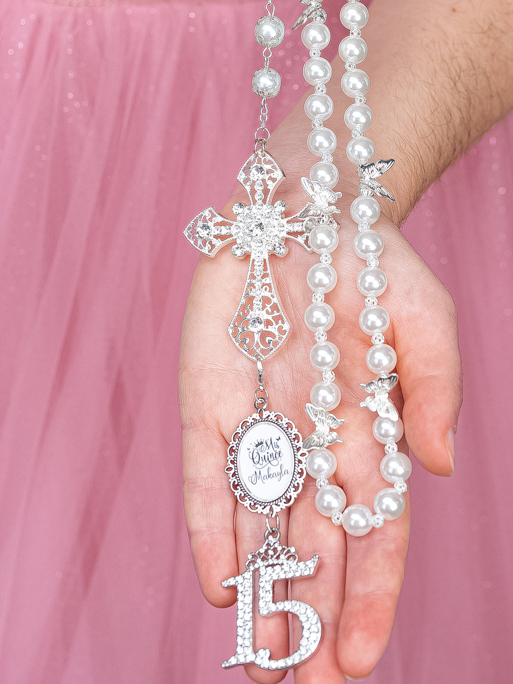 White Pearls Quinceanera Rosary | Mis Quince Rosario | Silver Cross ...