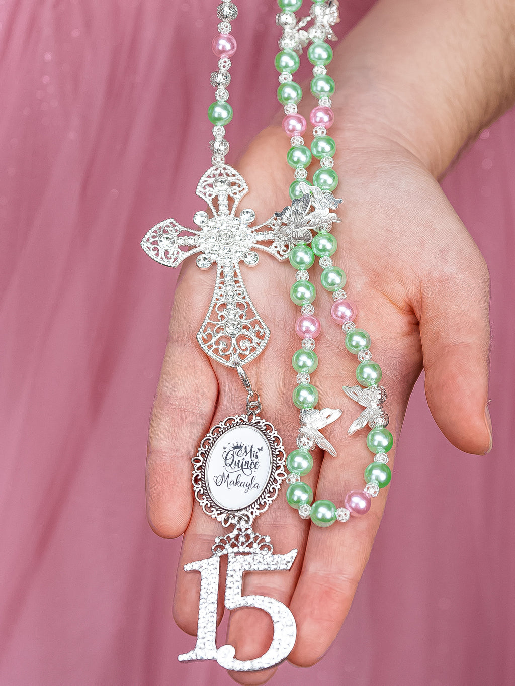 Sage green Pink Quinceanera Rosary | Mis Quince Rosario | Sage Rosary ...