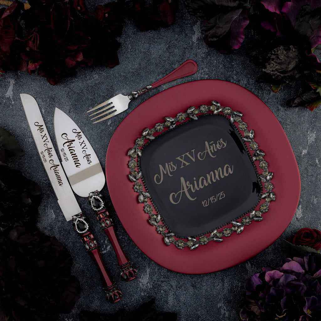 Vampire Quinceanera cake cutting set | Burgundy Black Mis XV ...