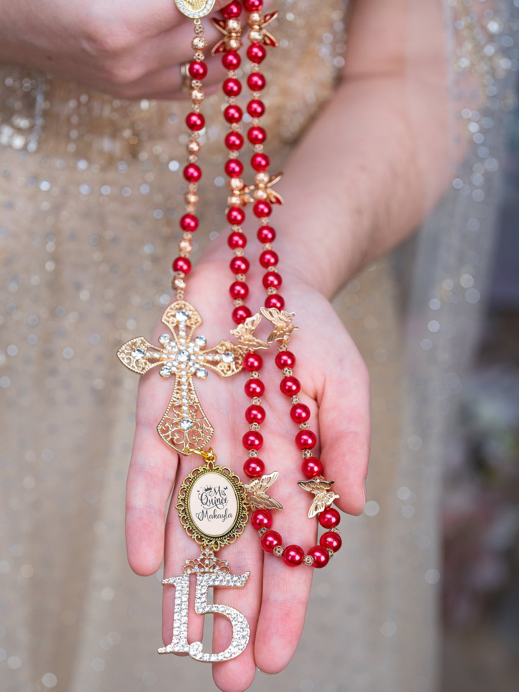Red Quinceanera Rosary | Mis Quince Rosario | Cross for Quinceanera ...