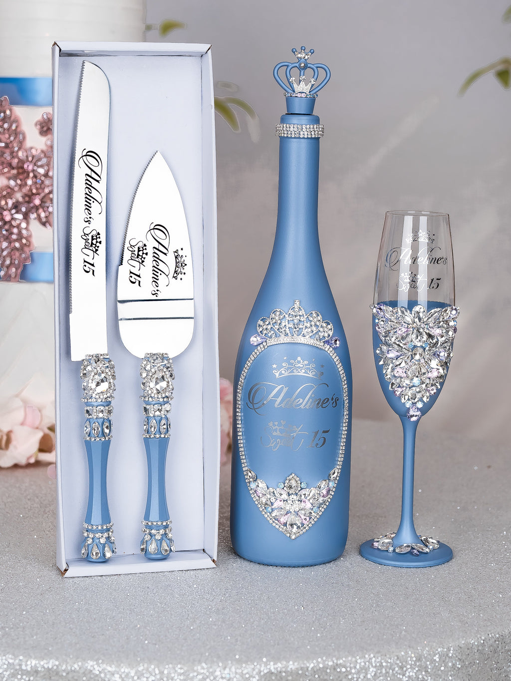Dusty Blue Silver Quinceanera Cake Knife Set with 1 Glass and Bottle ...