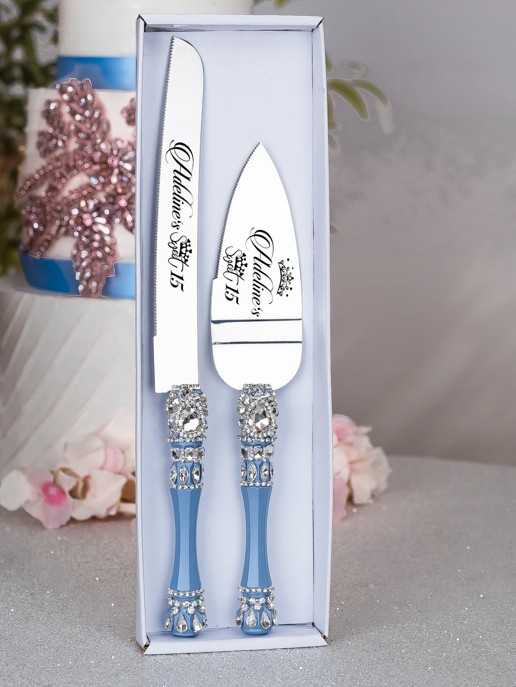 Dusty Blue Silver Quinceanera Cake Knife And Server Quinceanera Decor