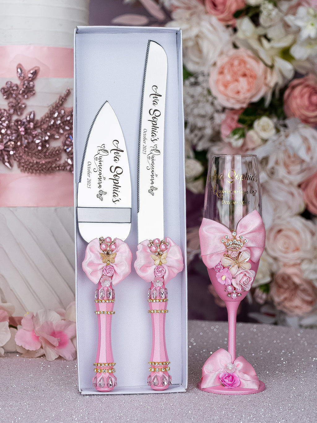 Quinceanera Cake Knife Set with Glass Pink Butterfly / quinceanera-decor