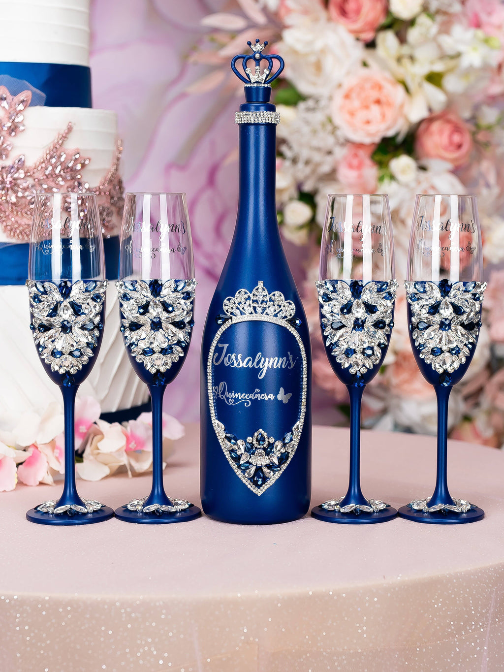 Quinceañera Champagne Bottle Navy Blue Silver Set / quinceanera-decor