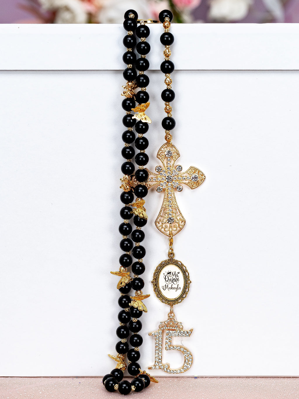 Black Quinceanera Rosary | Mis Quince Rosario | Black Cross Mis 15 ...