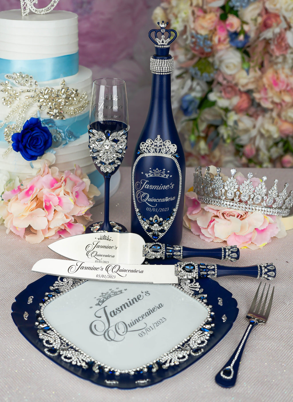 Navy Blue with silver quinceanera brindis package with bottle ...