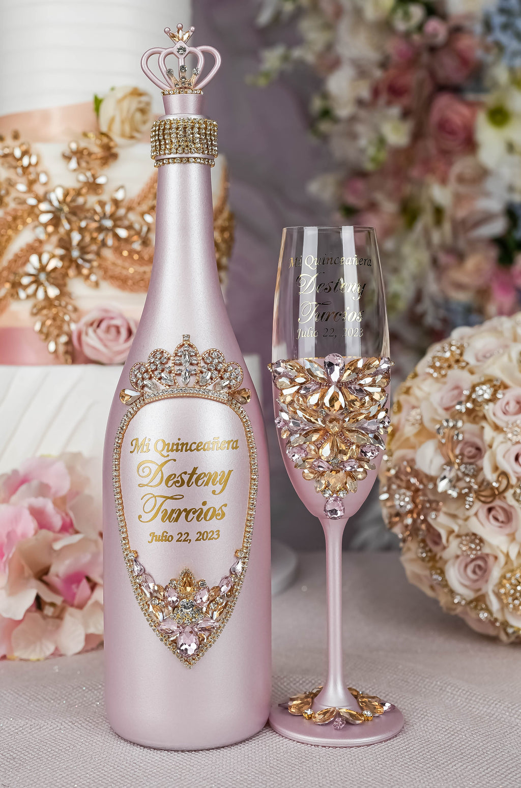 Pink and Gold quinceanera bottle with 1 glass | Quince Copa y Botella ...