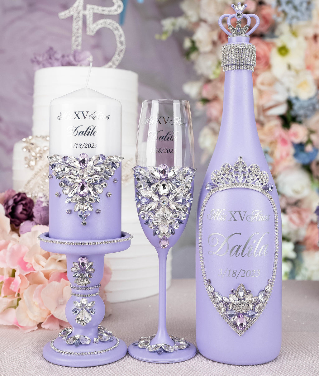 Lilac quinceanera package of bottle, glass and candle / quinceanera-decor