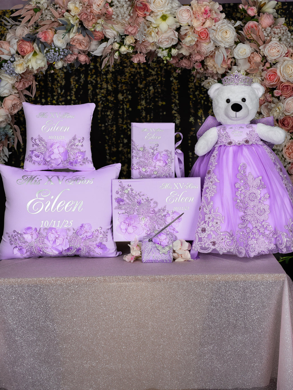 Lilac Silver Quinceanera Package Teddy Bible Pillows And Box ...