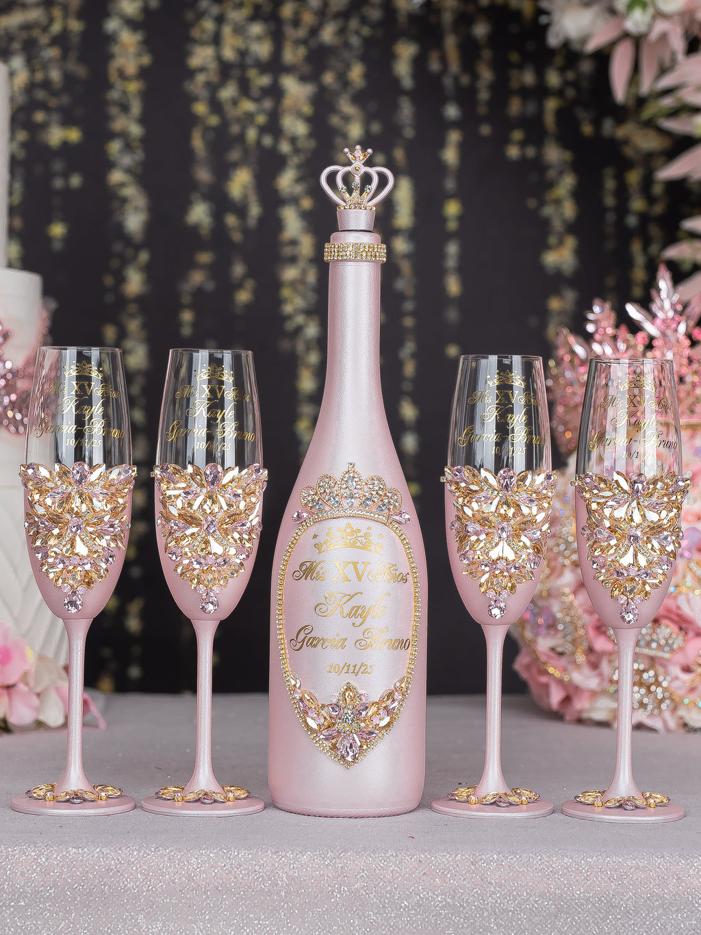 Light Pink and Gold Quinceanera Toast Set | Quince Copas y Botella ...