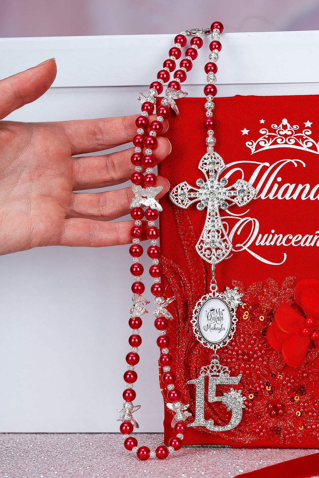 Red Silver Quinceanera Rosary | Mis Quince Rosario | Red Cross Mis 15 ...