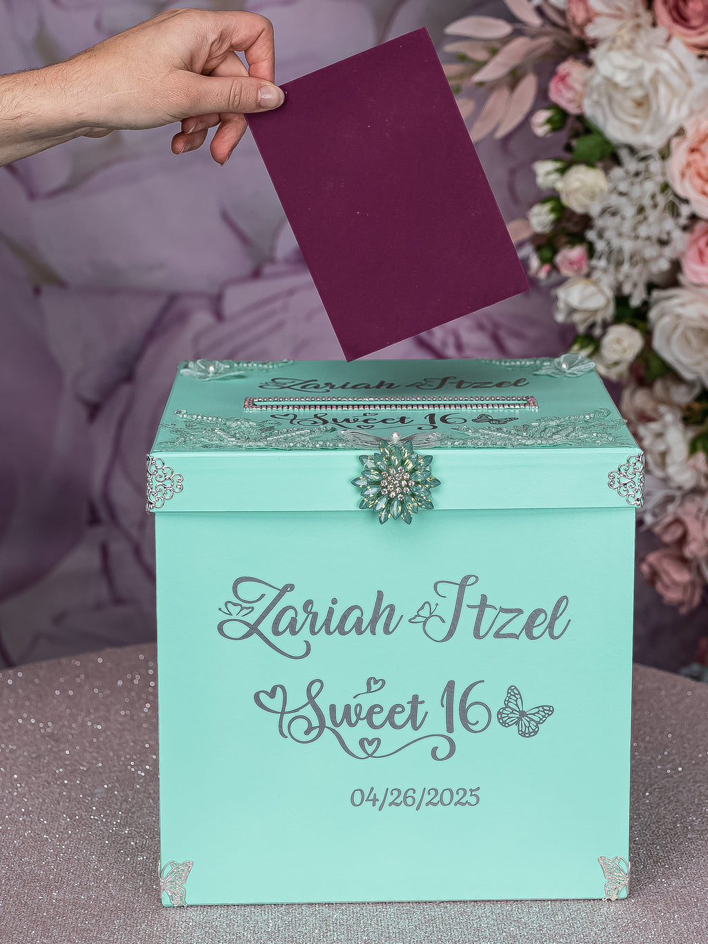 Cards Box for Quinceanera Sage Green Silver – A Royal Touch ...
