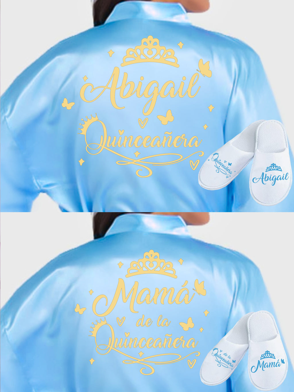 2 Batas y zapatillas para Quinceanera Azul claro con dorado ...