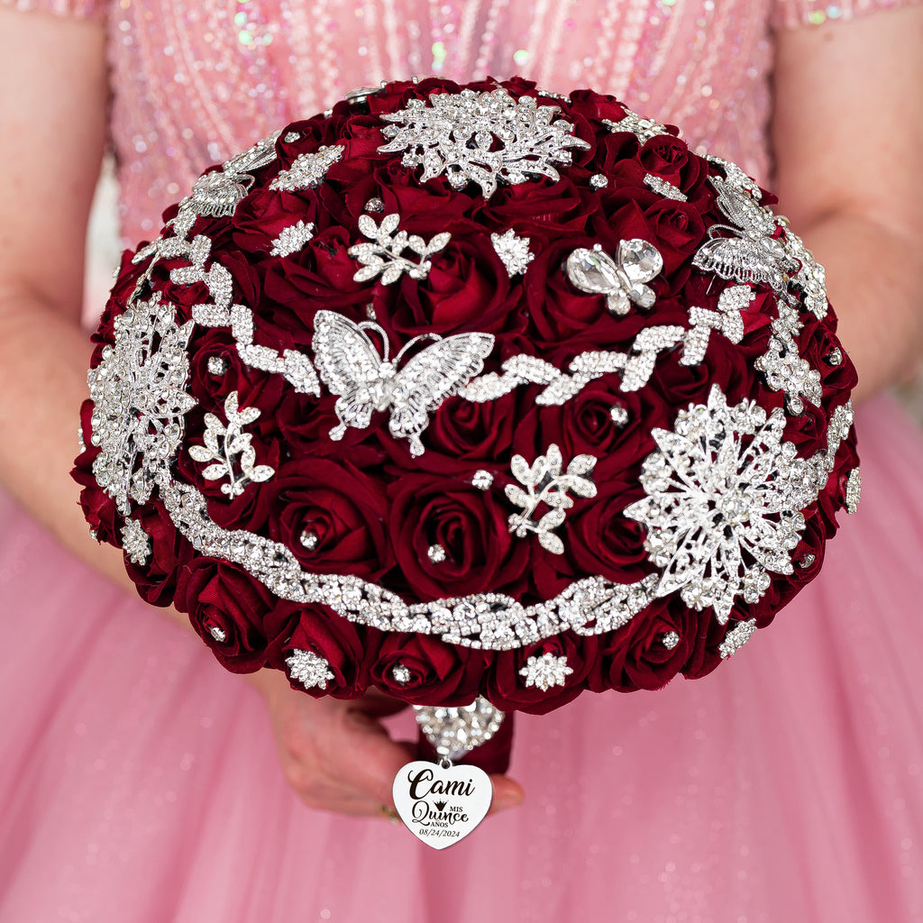 Burgundy Silver Quinceanera Bouquet 13 inches - Burgundy Silver Quince ...