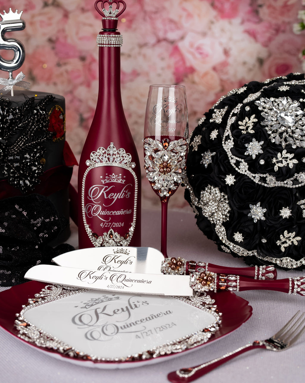 Burgundy Silver Quinceanera Brindis Package with Bottle / quinceanera-decor
