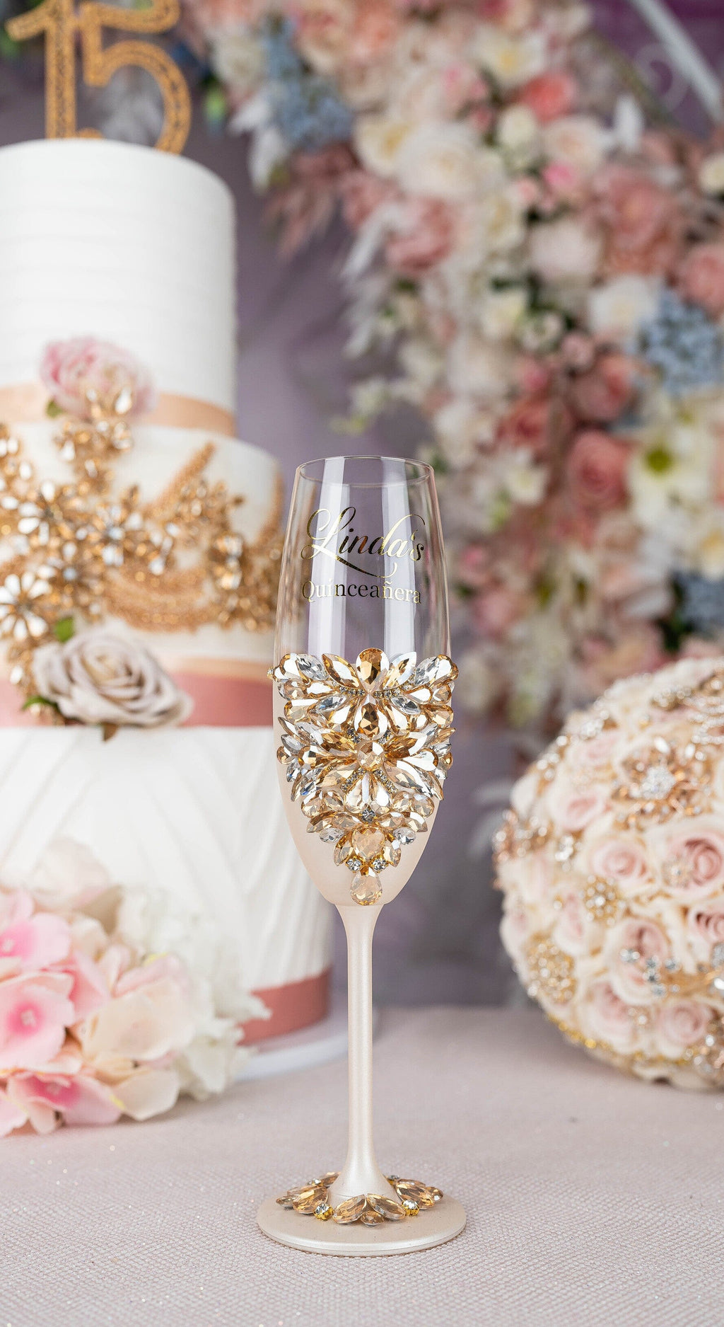 Gold 1 quinceanera champagne glass / quinceanera-decor