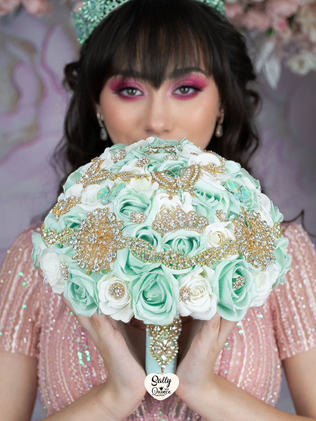 Quinceañera Bouquet Mint Sage Green Gold 9 / quinceanera-decor
