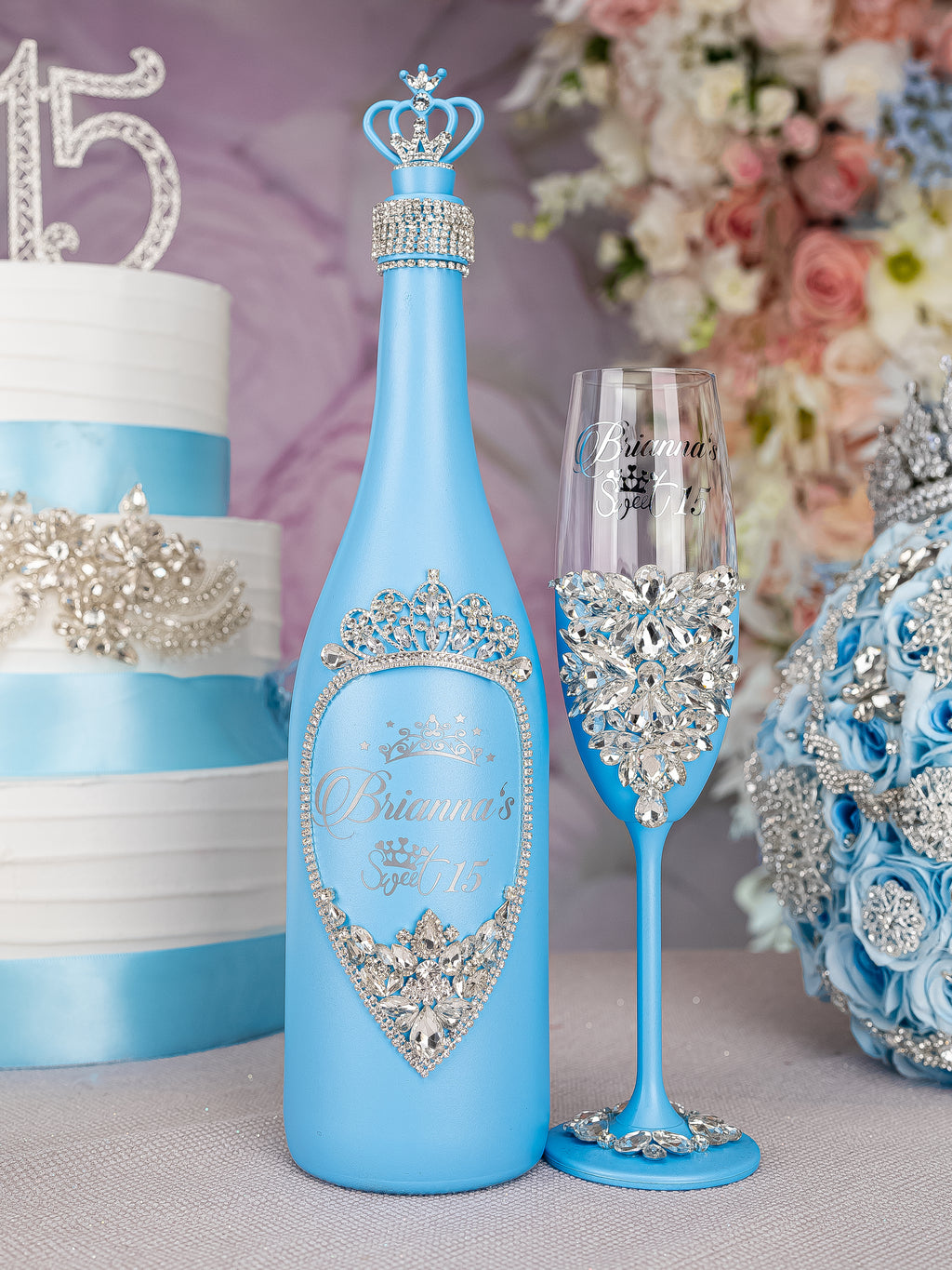 Light blue quinceanera bottle with 1 glass / quinceanera-decor